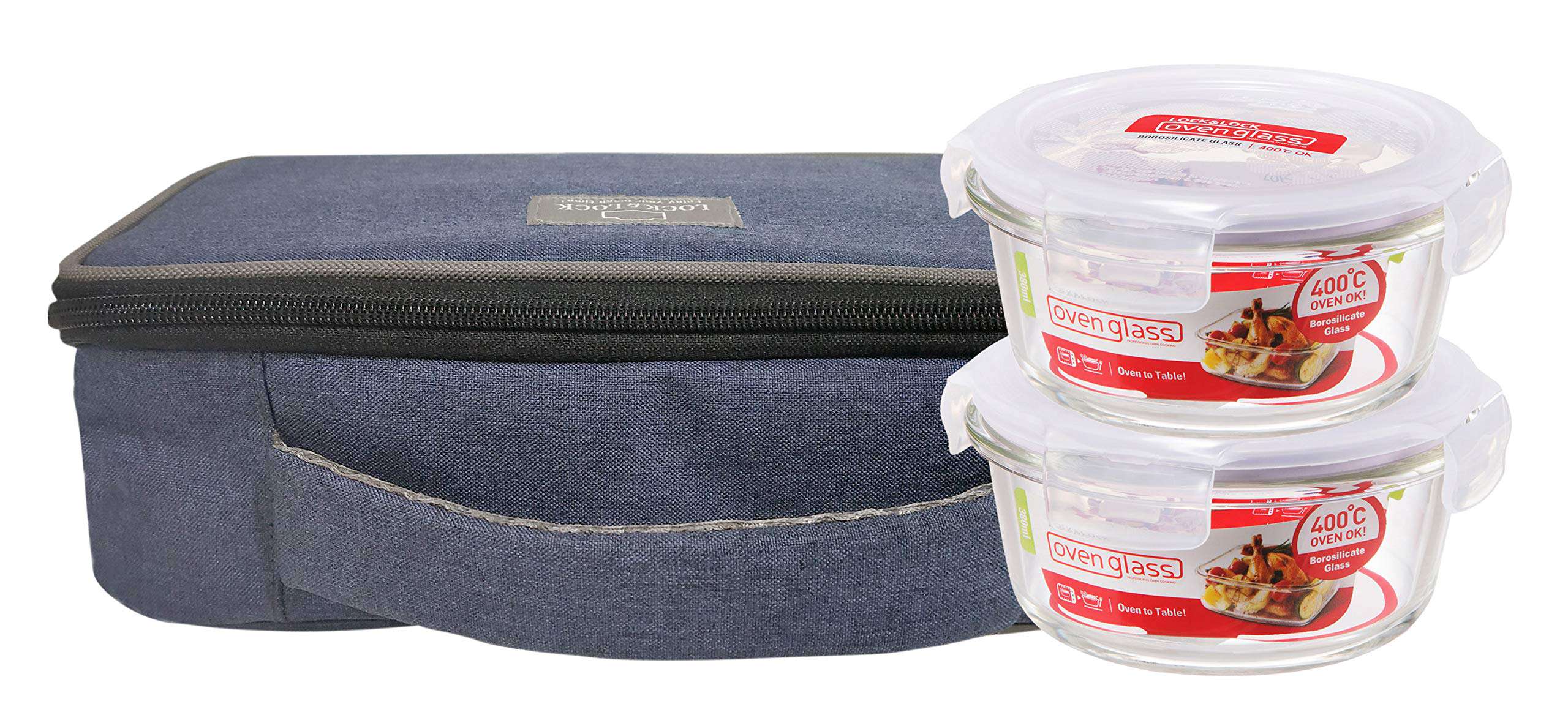 LocknLock Glass Lunch Box with Lunch Bag | (380ml x set of 2 Piece) Bl ...